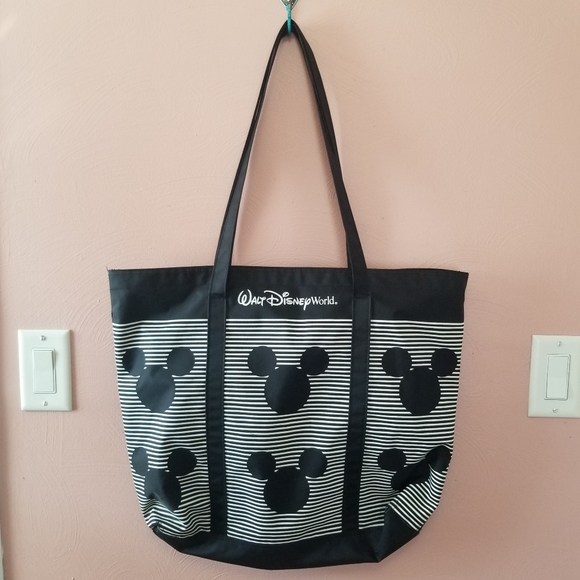 Disney | Bags | Walt Disney World Black White Stripe Zipper Tote Bag ...